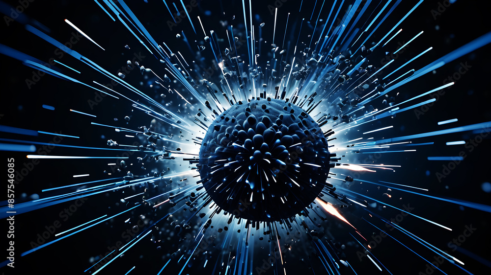 A depiction of a digital network exploding outward from a central point ...