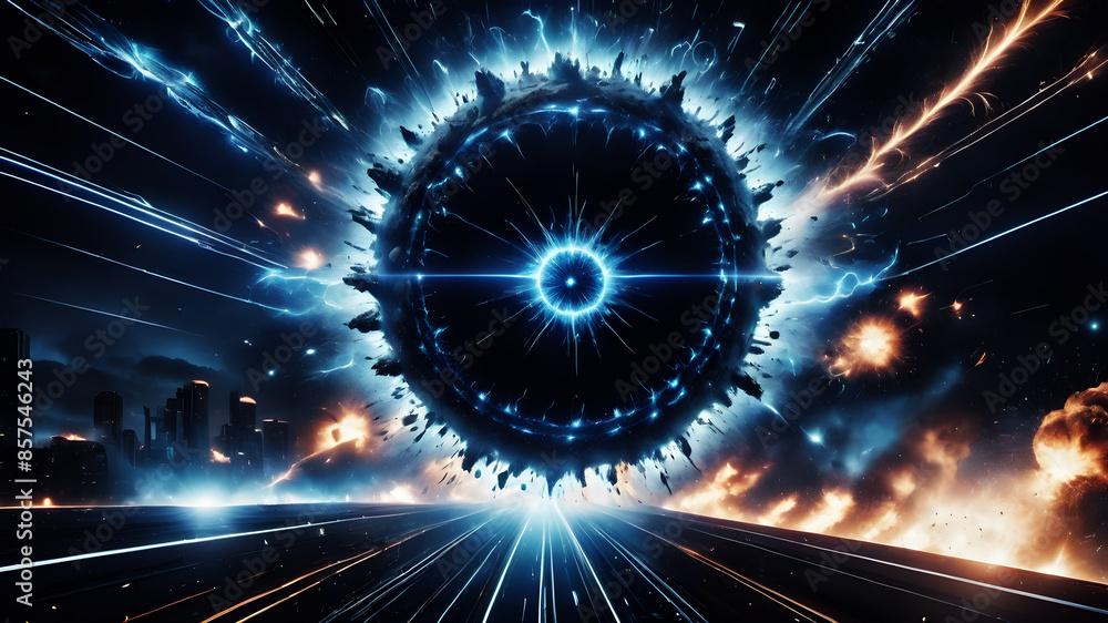 A depiction of a digital network exploding outward from a central point ...