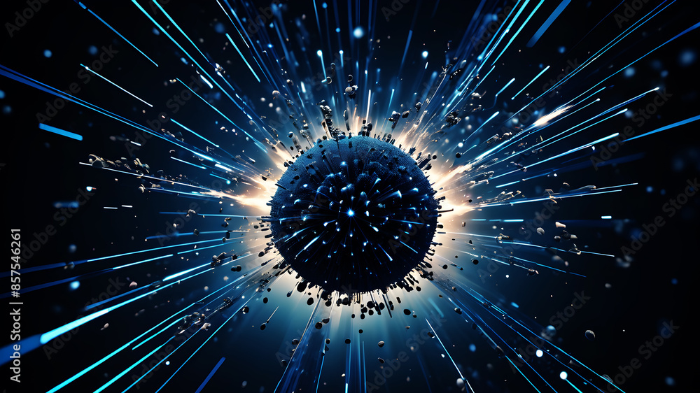 A depiction of a digital network exploding outward from a central point ...