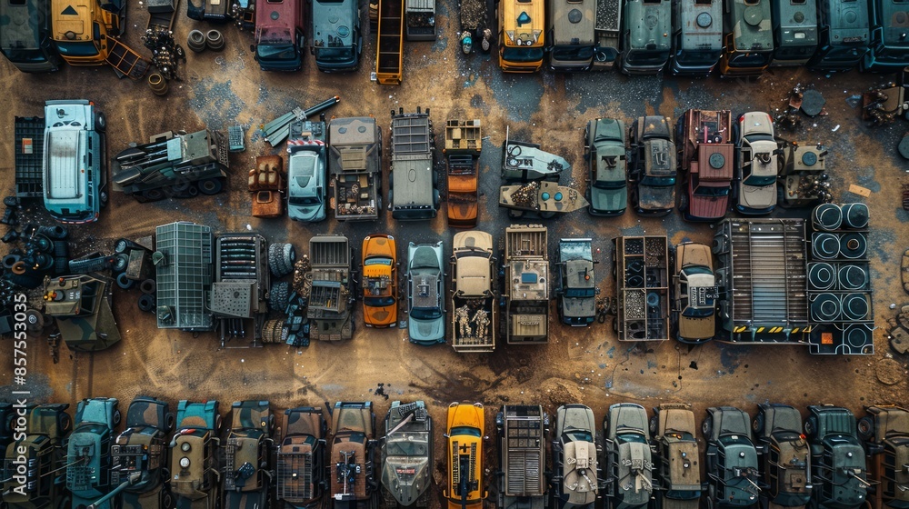 Aerial view of a military base with various transportation vehicles ...