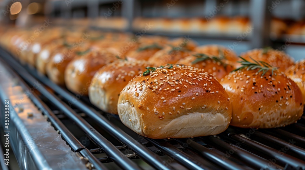 Close-up view of golden-brown sesame seed buns moving along a conveyor ...