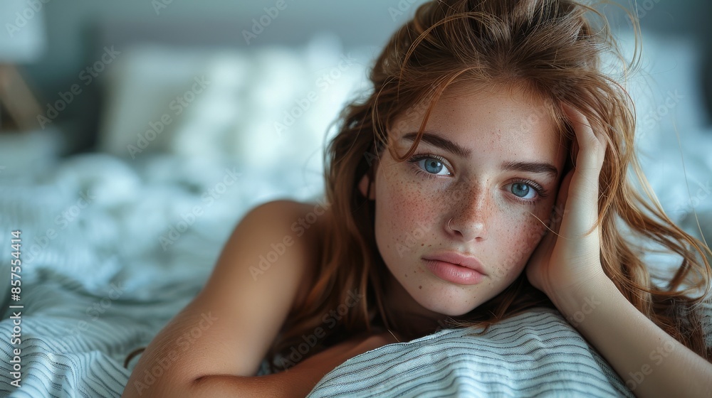 Red-haired woman with freckles lies on bed, appearing thoughtful and ...