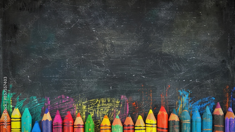 Colorful Crayons on Blackboard Background with Artistic Chalk Marks and ...