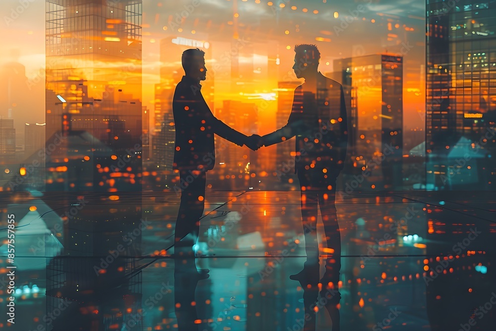 Silhouette of two businessmen shaking hands for cooperation, harmony ...