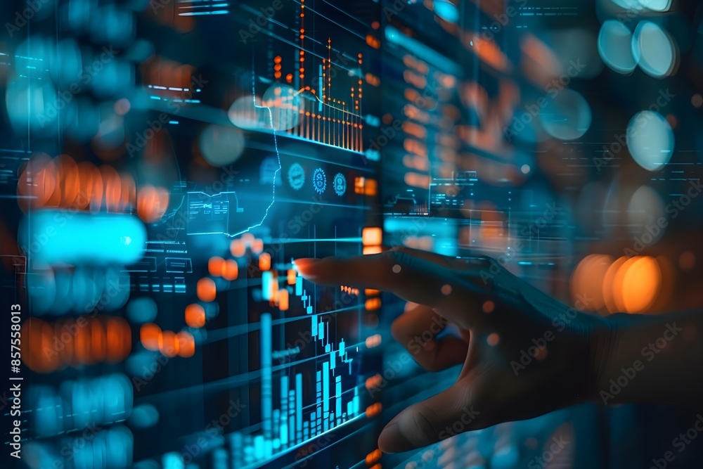 A hand pressing a button inside a graph and data screen that shines in ...