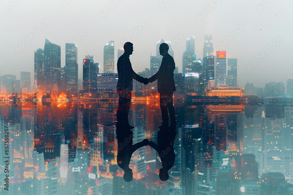 Silhouette of two businessmen shaking hands for cooperation, harmony ...