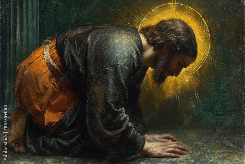 Spiritual reverence: Jesus Christ prays to god father, depicting ...