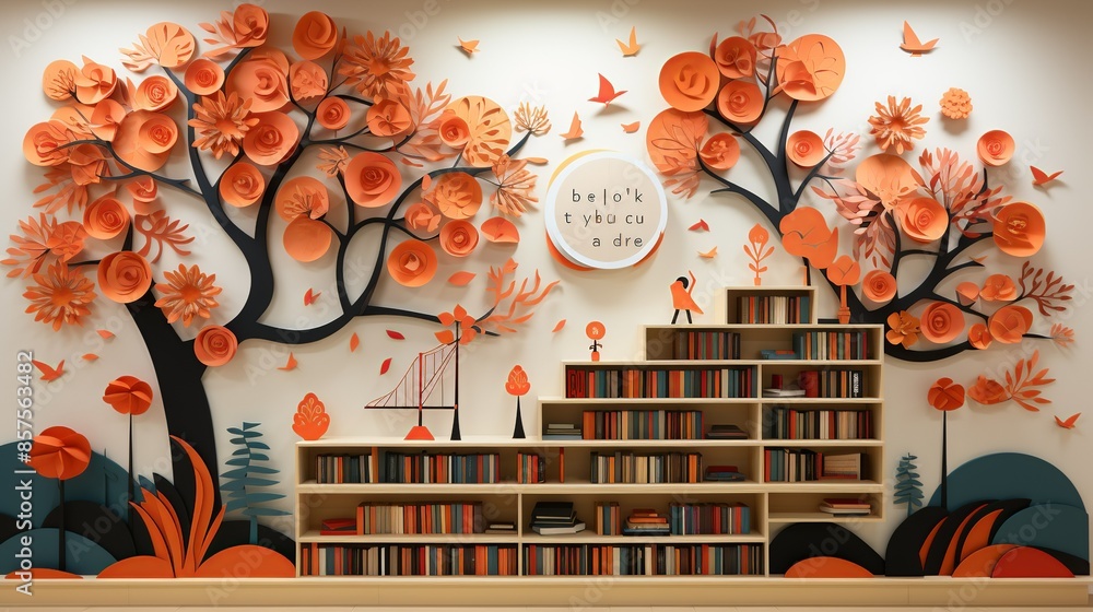 The entrance of a library featuring a paper art display of famous ...
