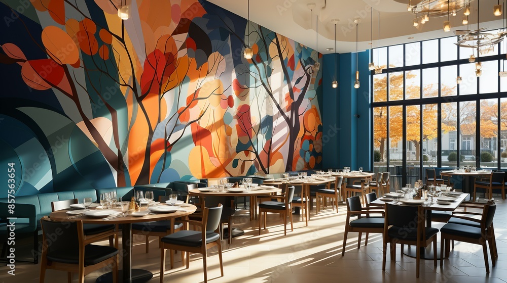 A modern restaurant interior with a feature wall covered in a vibrant ...