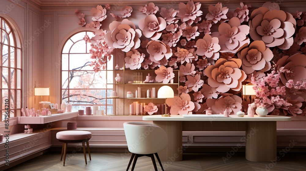 A chic salon interior with stylish paper art installations, such as ...