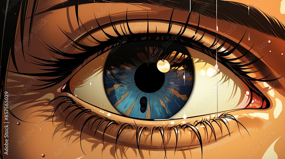 A close-up of a personâ€™s eye with a single tear falling, set against ...