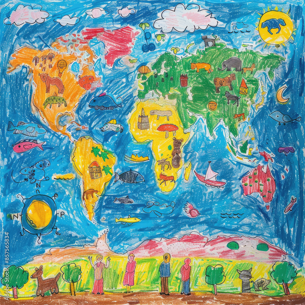 Colorful Children's Drawing of World Map with Animals in Crayon Art ...