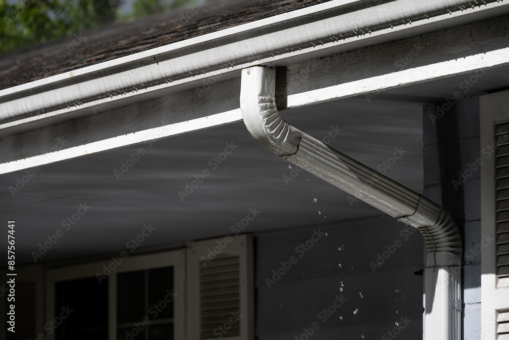 Dark stormy day, rain water overflowing roof gutter and clogged ...