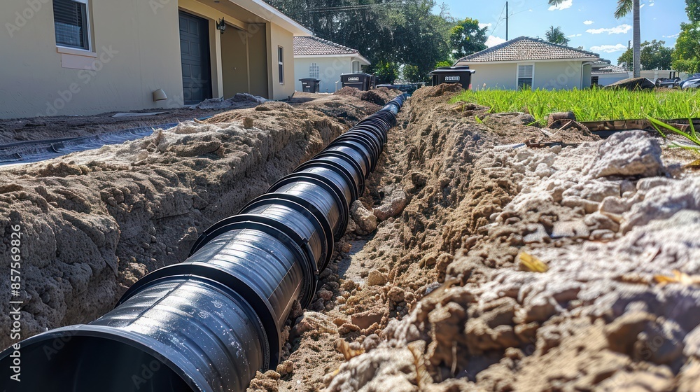 Sanitary installation of underground drain pipes, excavation of land ...