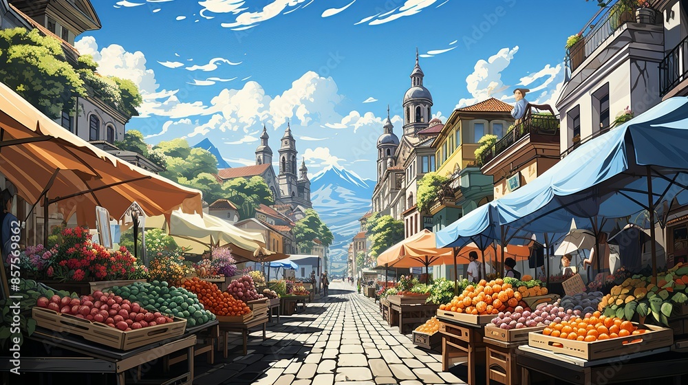 A bustling paper market street, with stalls selling paper fruits ...