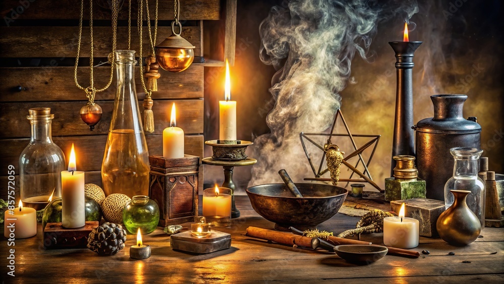 of alchemy process with mystical symbols and ancient tools, alchemy ...