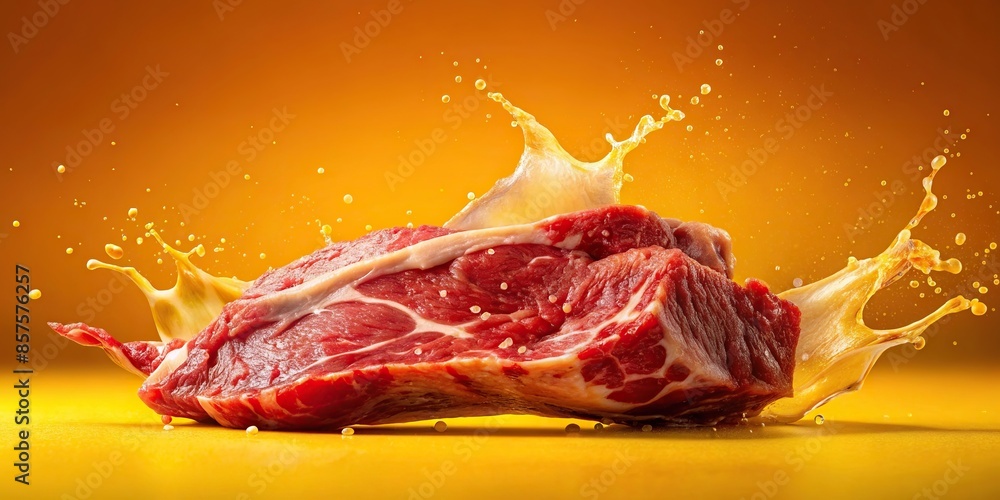 Liquid explosion of meat on yellow background, explosion, liquid, meat ...