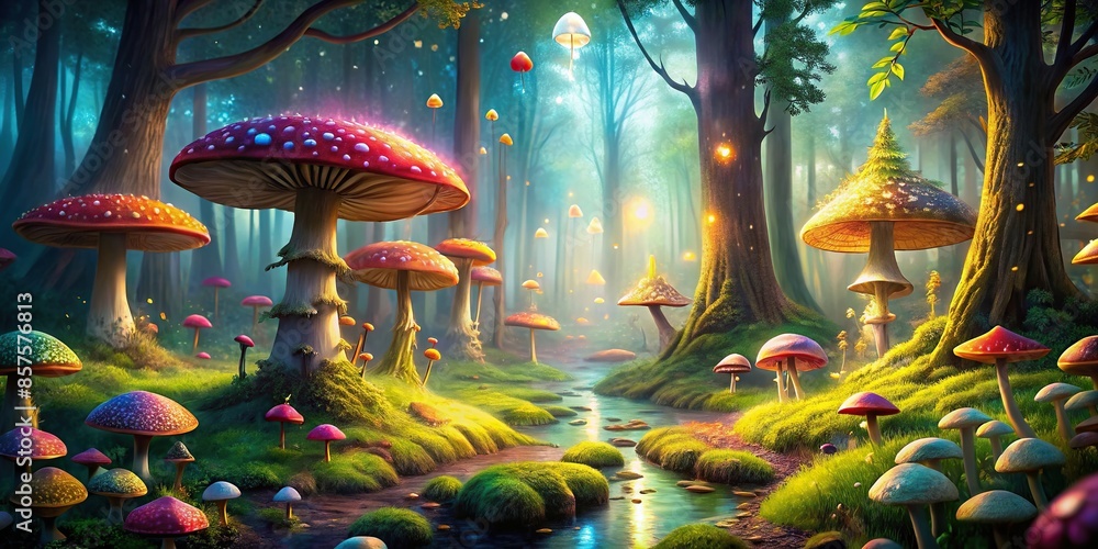 Enchanted forest with colorful mushrooms, sparkling streams, and ...