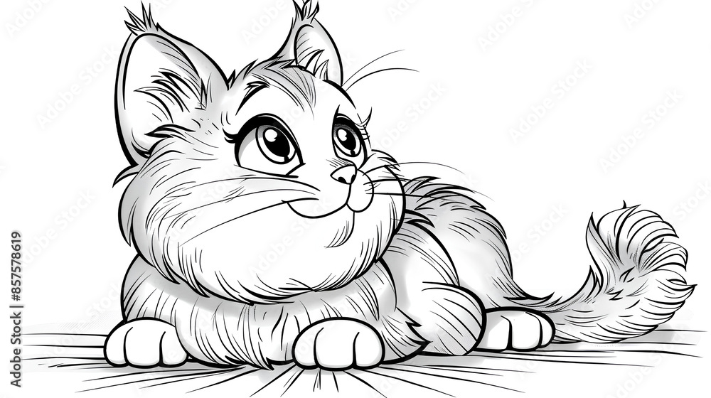 Adorable Fluffy Cat Coloring Page for Kids - Fun Cartoon Illustration ...