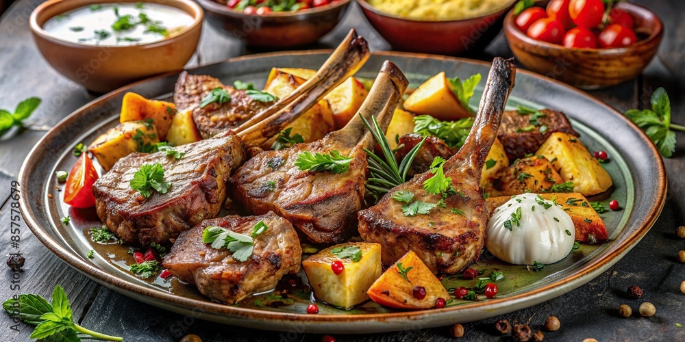 Juicy lamb chops served with roasted potatoes and paneer tikka , food ...