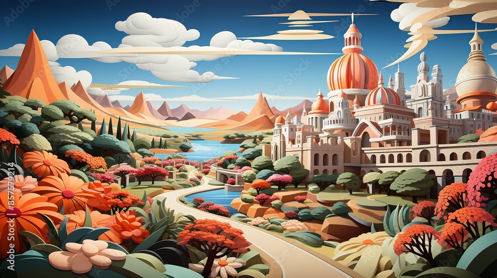 A vibrant paper depiction of a famous tourist destination, with iconic ...