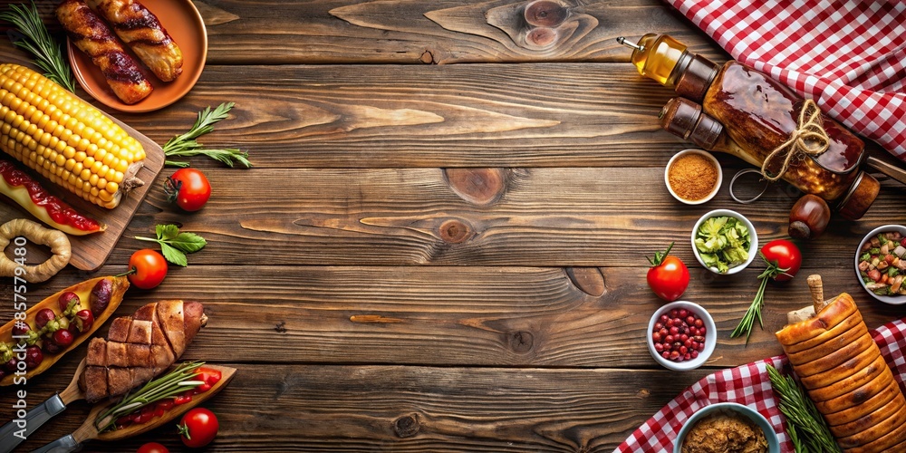 Barbecue invitation with rustic wood background and food spread ...