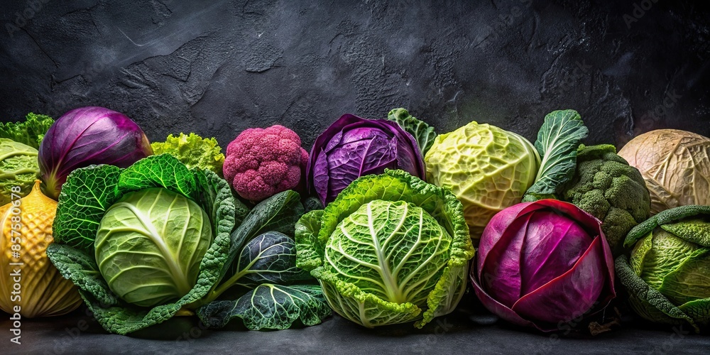 Various types and colors of cabbages on a dark background, cabbage, red ...