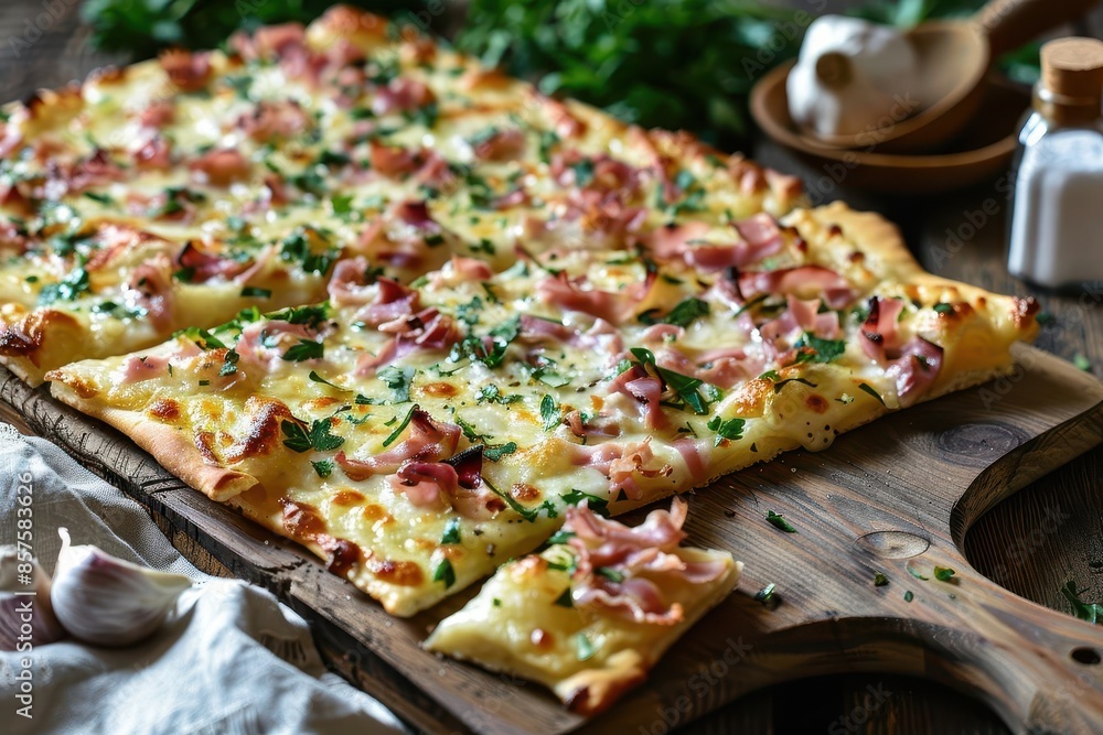 savory flammkuchen traditional german pizza with crispy thin crust food ...