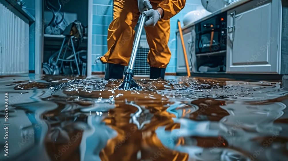 Mopping up deep floodwater in basement after leak, emergency ...