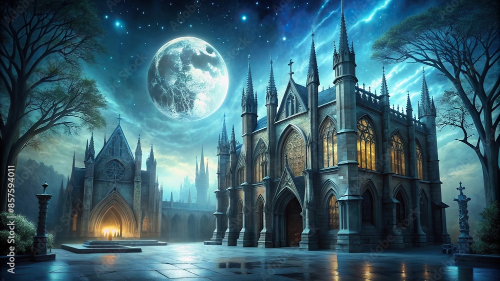 Gothic architecture illuminated by moonlight in a mystical fantasy ...