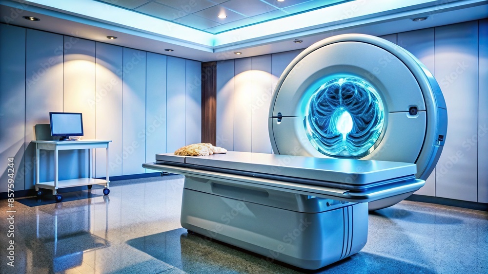 ภาพประกอบสต็อก of a MRI brain scan on a table, with a MRI reading a MRI ...