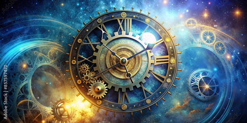 Mystical clock face with moving gears and celestial symbols, mystical ...