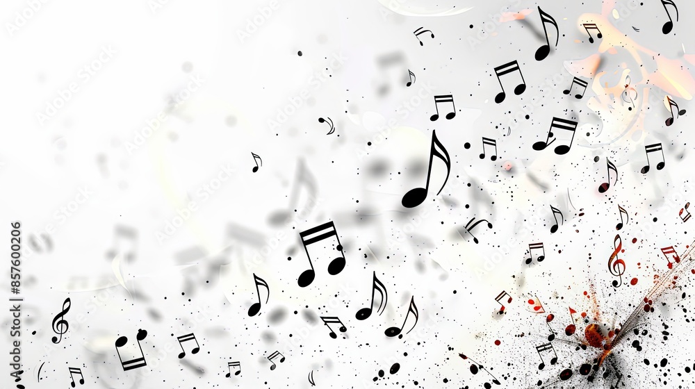 An artistic monochrome image of musical notes bursting in an explosion ...