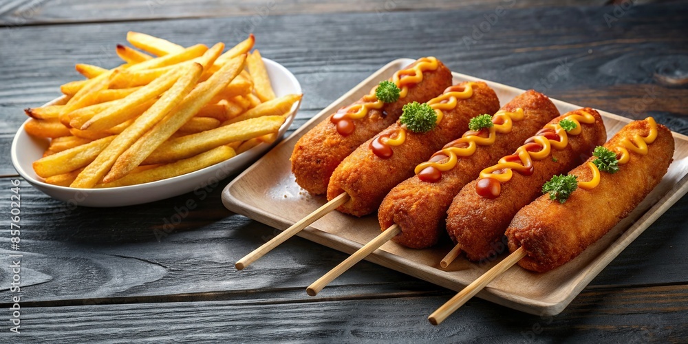 Korean corn dogs with French fries on a stick, popular street food ...