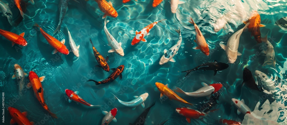 Top view of Japanese koi fish swimming in decorative aquarium. Stock ...