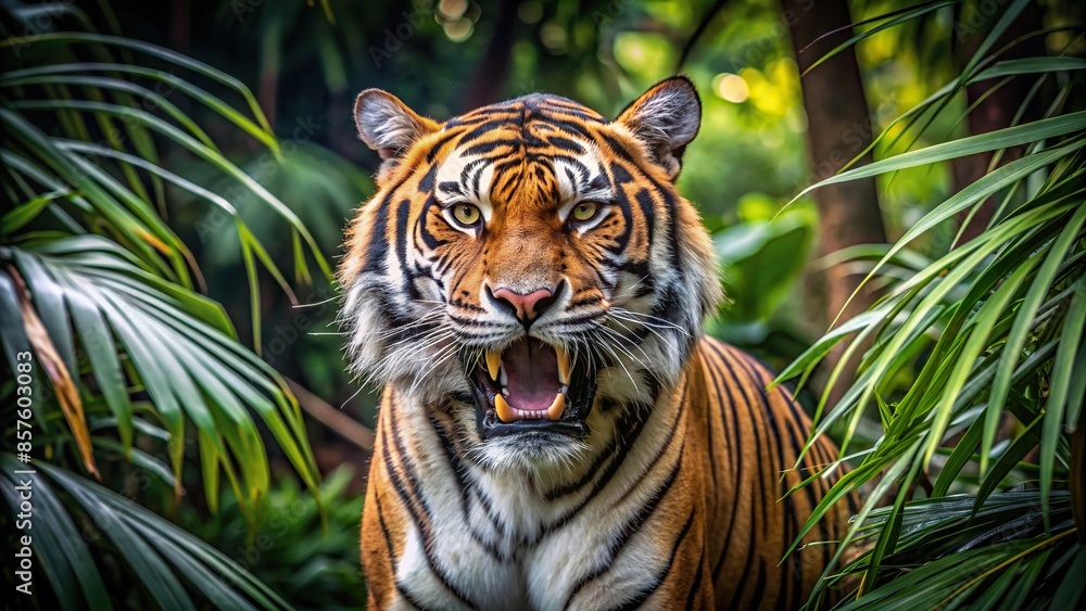 of a fierce tiger roaring in a jungle setting, wildlife, predator, exotic, feline, powerful ...