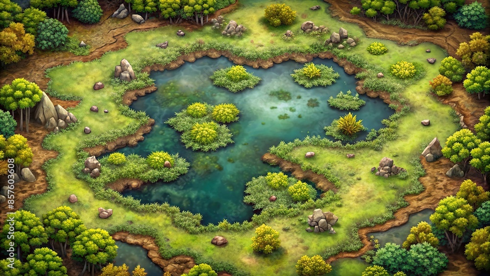 Fantasy battlemap of a toxic bog with murky waters and poisonous ...
