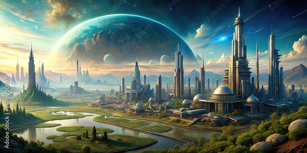 Futuristic planet landscape with sprawling architecture, futuristic ...