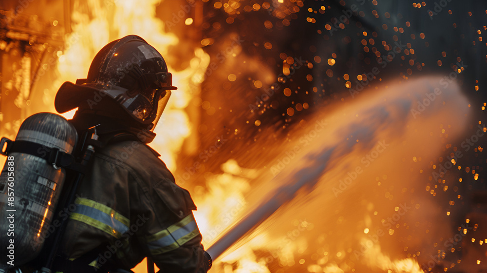 Fireman extinguish fire with the hose. Burning house Firefighters ...