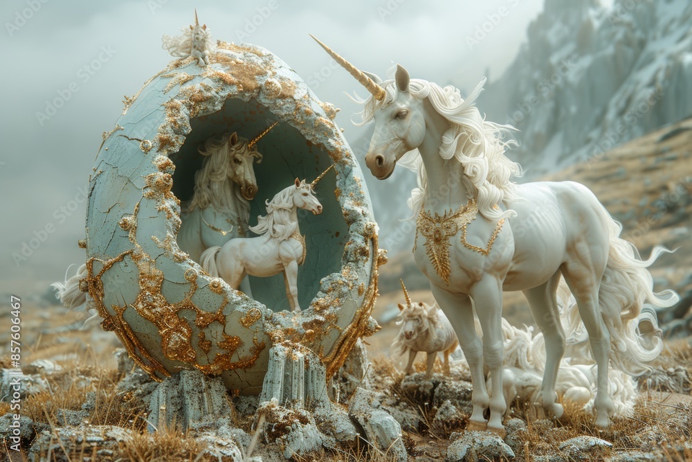 a lot of unicorns majestically emerge from a shimmering golden egg ...