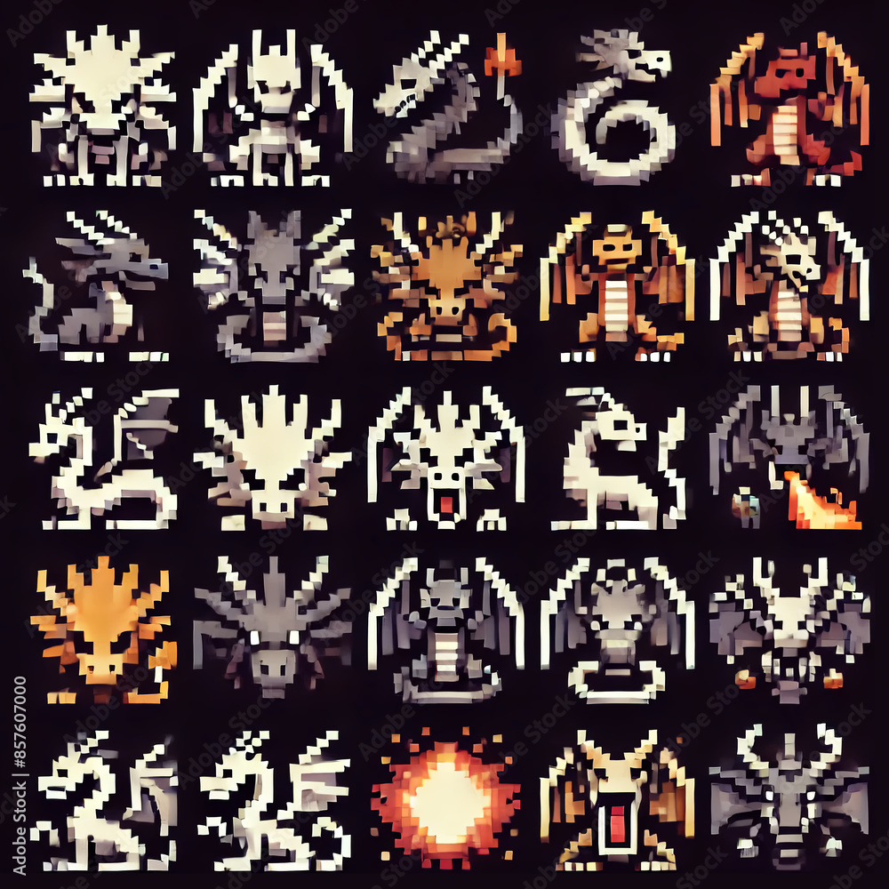 Detailed pixel art sprite sheet featuring dragon icons Stock ...