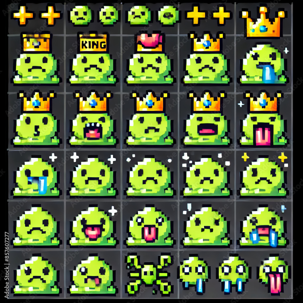 Detailed pixel art sprite sheet featuring slime king icons Stock ...