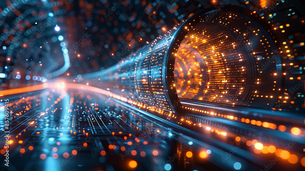 Digital Technology Background with Blue and Orange Lights, Glowing Data ...