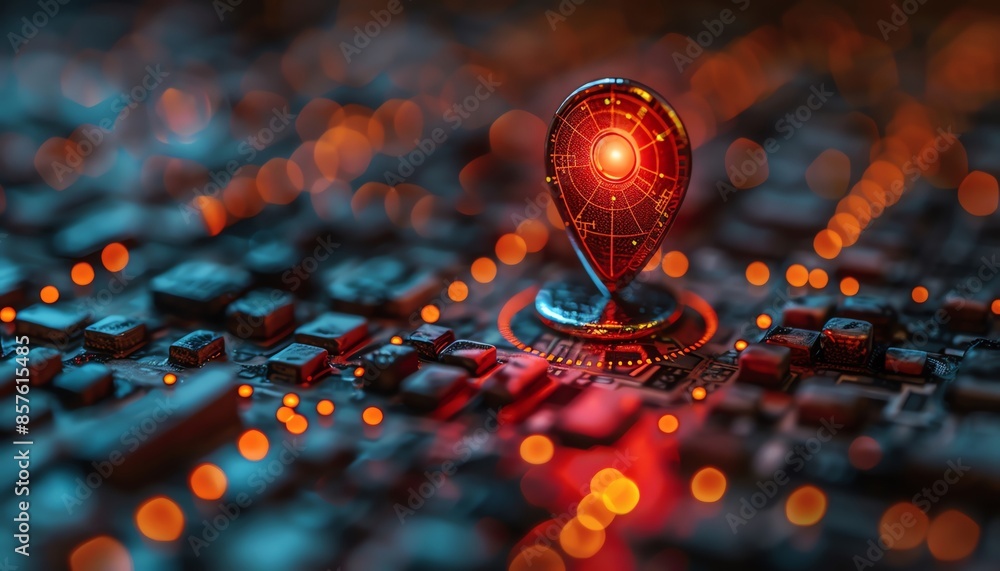 Futuristic representation of a digital map with a glowing red location ...