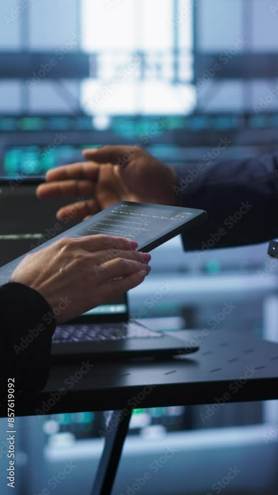 Vertical video Team of admins in server room location installing newly ...