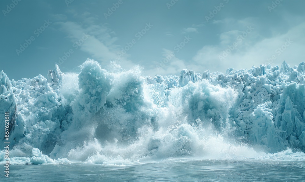 A scene of a melting glacier with large chunks of ice breaking off into ...