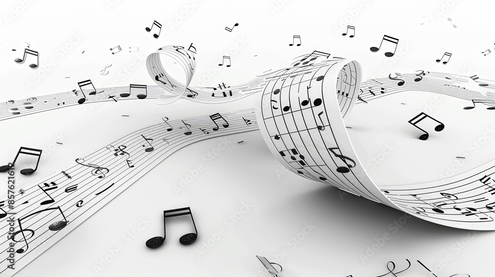 Intricate black musical notes flow seamlessly over white music sheets ...