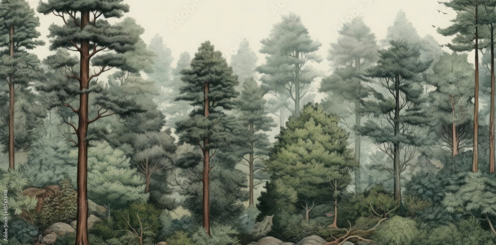 drawing forest background with tall trees and a gray sky, featuring a ...