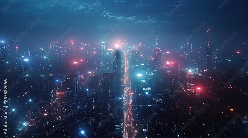 An ambient night scene of a city portrayed with technologically ...
