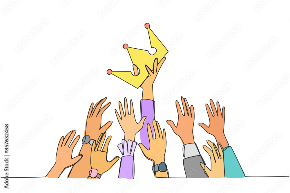Single continuous line drawing hands fighting for the crown. Fighting ...